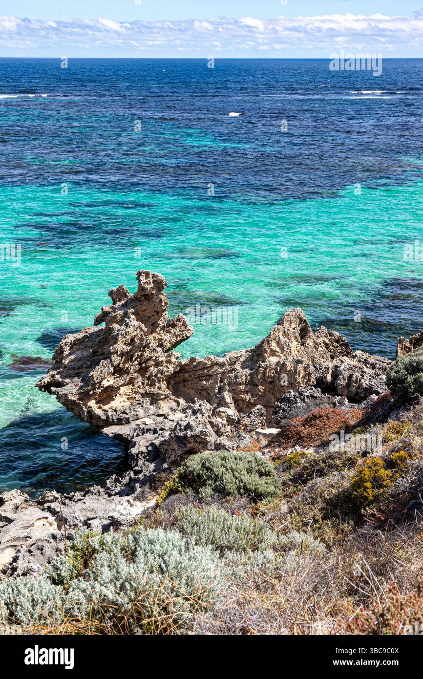 A view across a rocky outcrop to the Indian Ocean from Little Salmon ...
