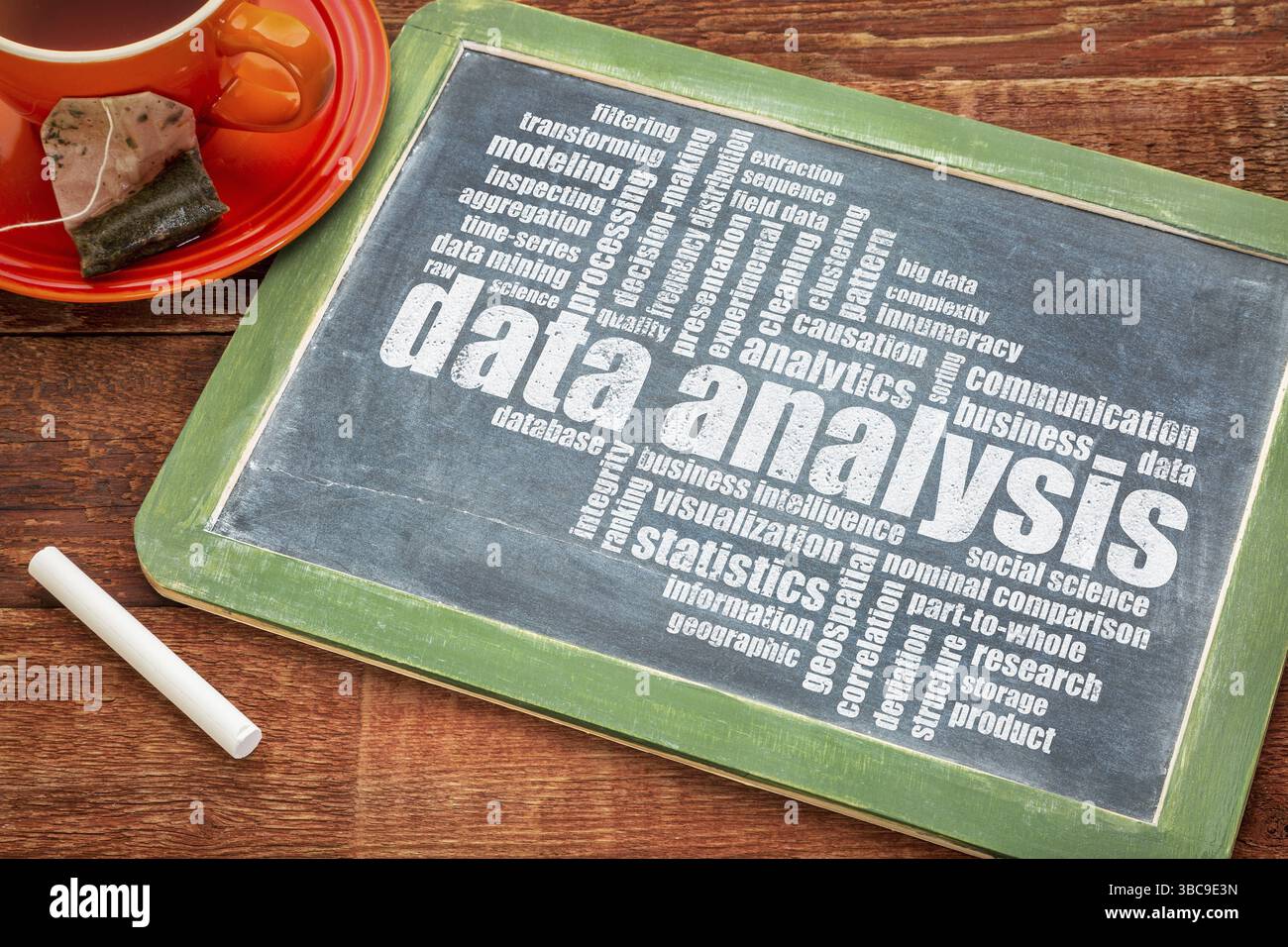 Data analysis word cloud on a slate blackboard with a cup of tea Stock ...