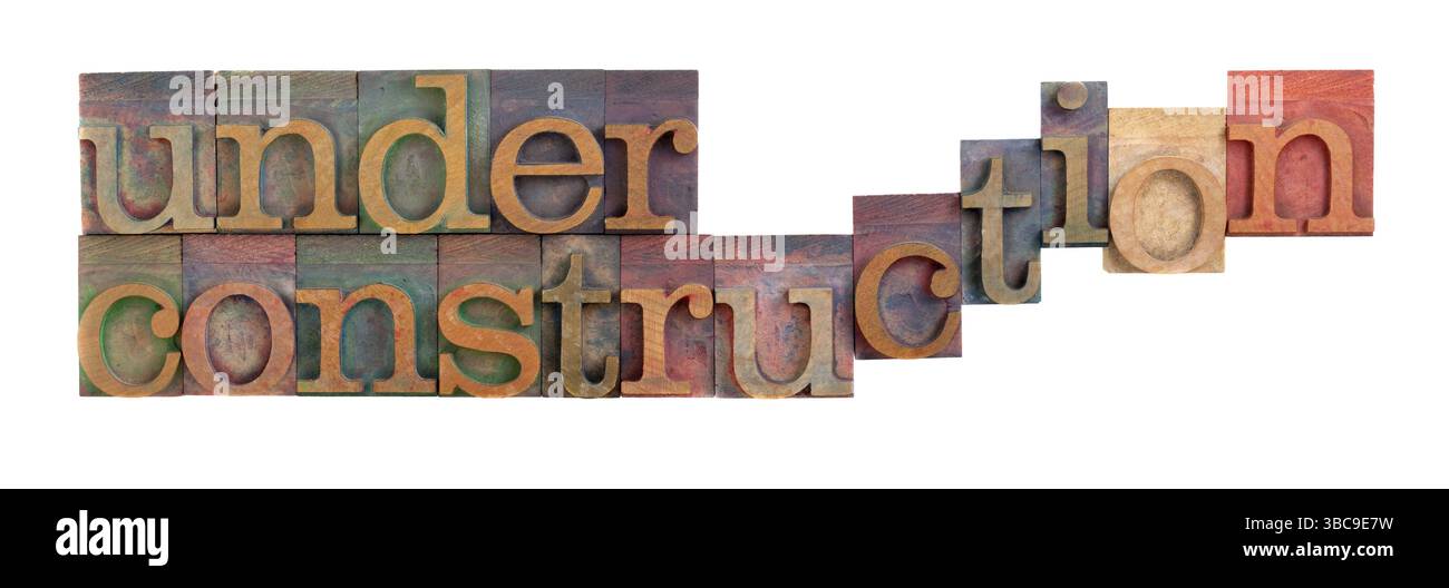 Under construction words in vintage wooden letterpress type blocks ...