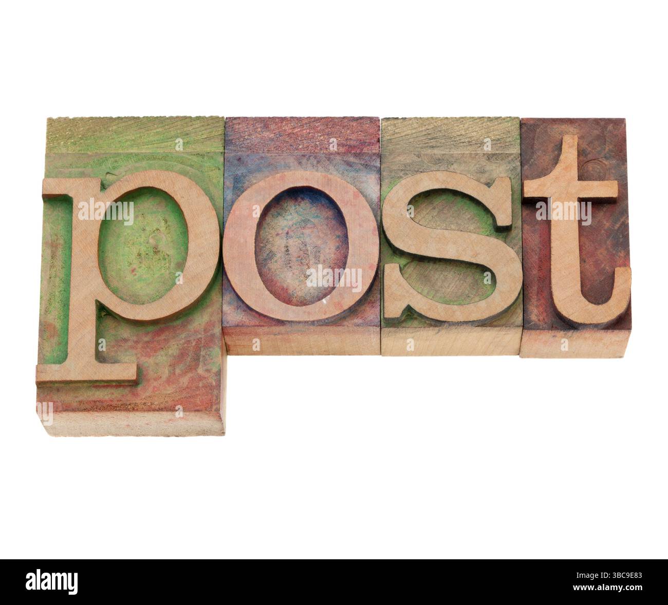 Post - isolated word in vintage wood letterpress printing blocks Stock ...