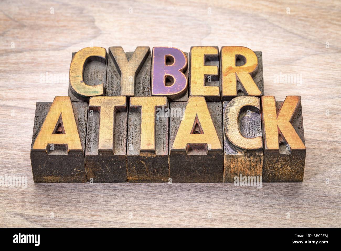 Cyberattack word abstract in vintage letterpress woodtype printing ...
