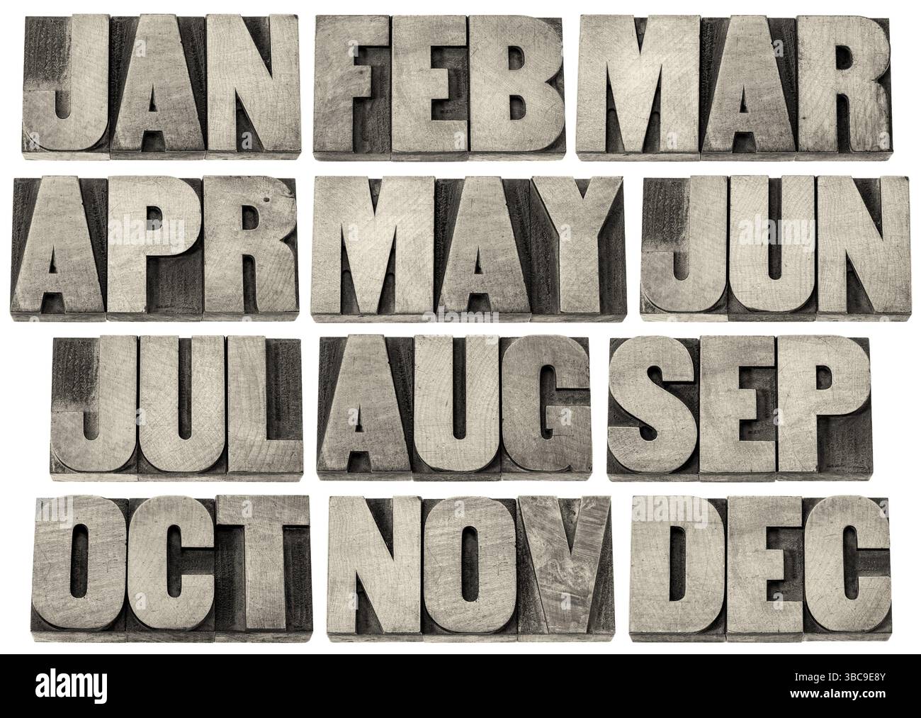 12 months from January to December - a collage of isolated 3 letter ...