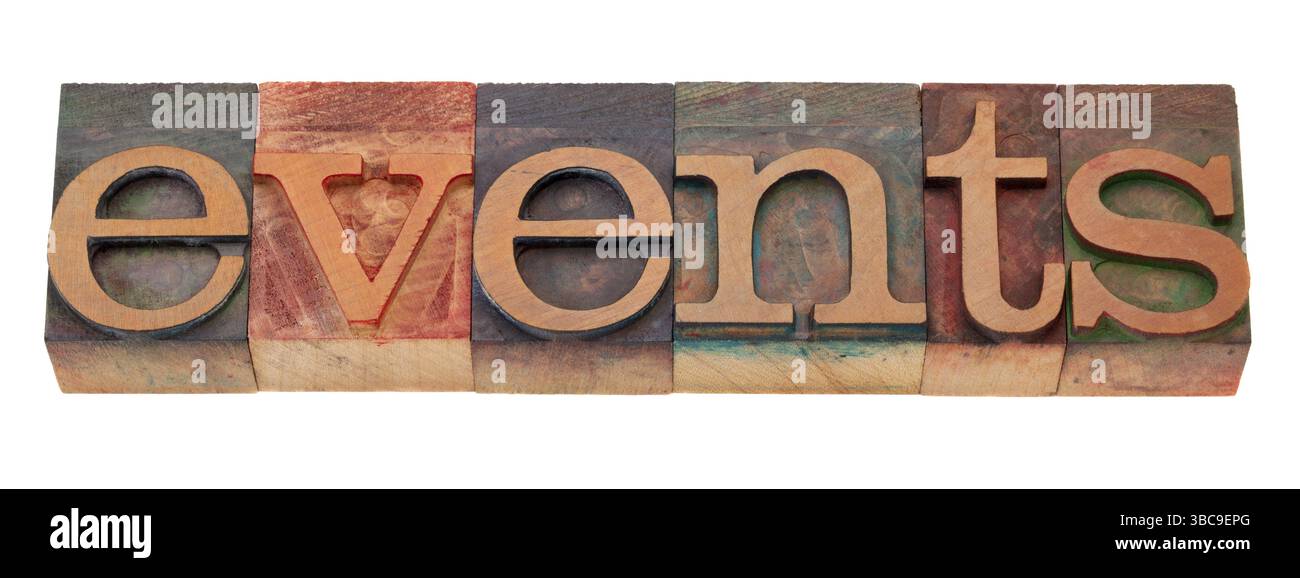 Events word in vintage wooden letterpress printing blocks, stained by ...