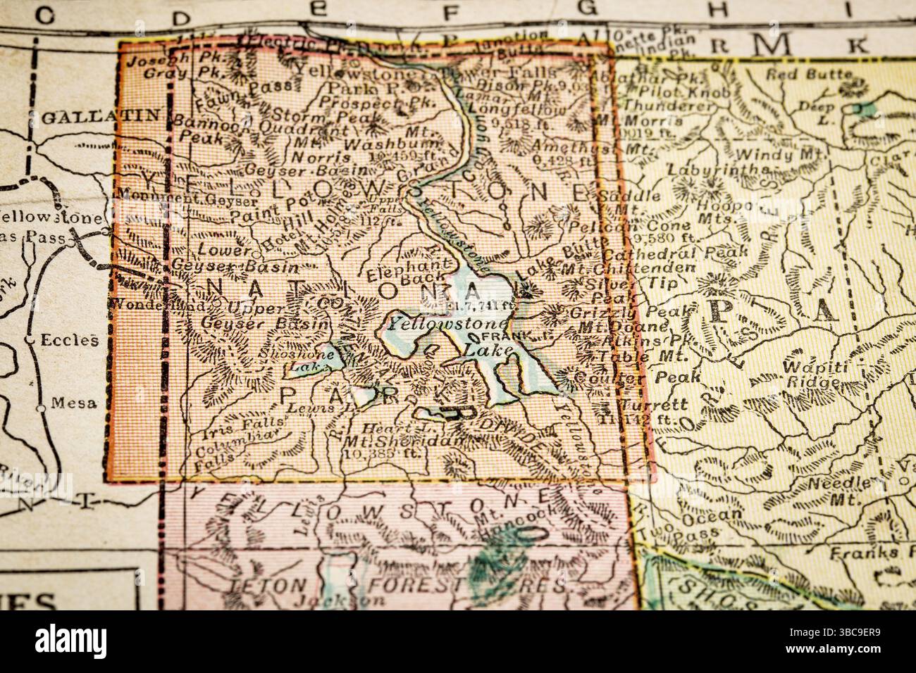 Yellowstone National Park on vintage 1920s map, selective focus ...