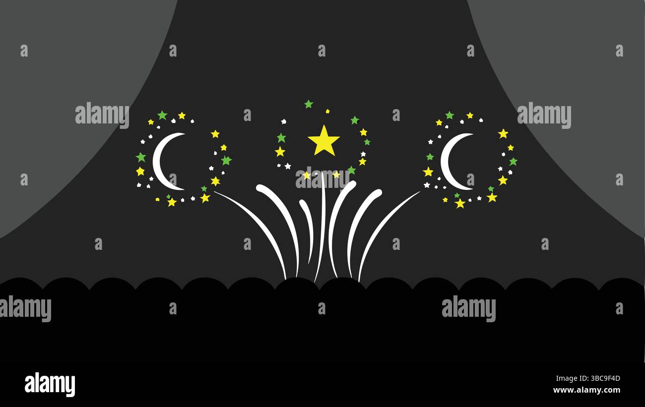 Fireworks display with moons and stars on black background for ...
