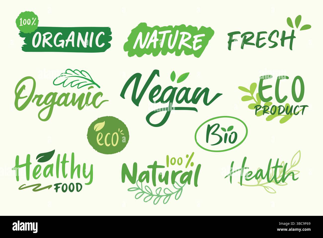 Handwritten Green Vegan and Organic Concept. Lettering Vector Label ...