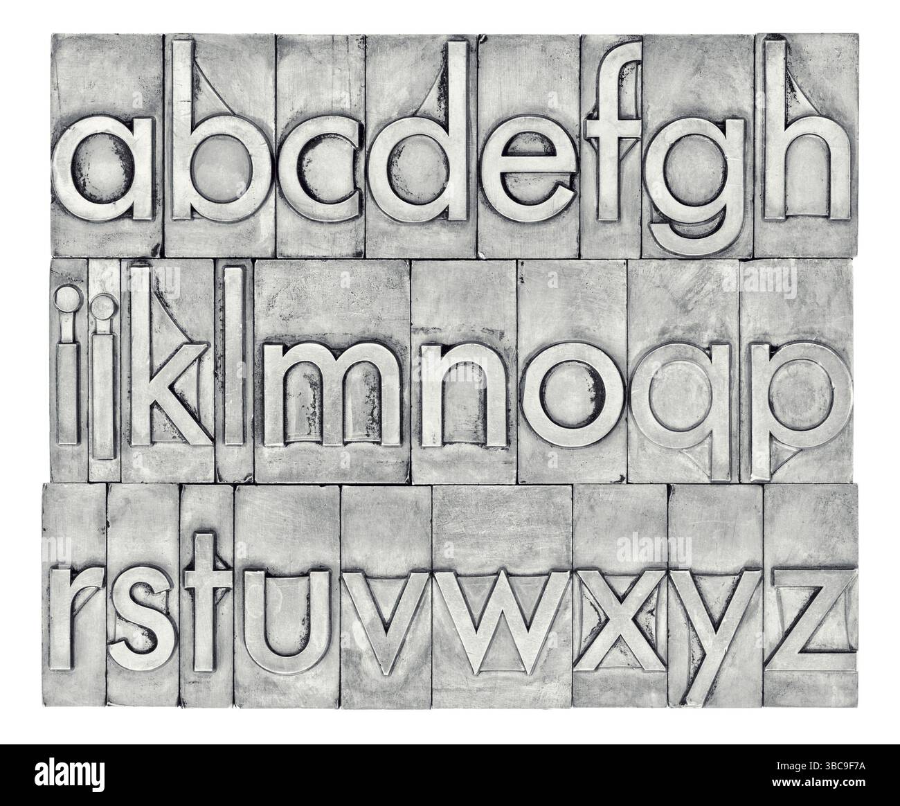 Lowercase English alphabet in vintage metal letterpress type, square ...