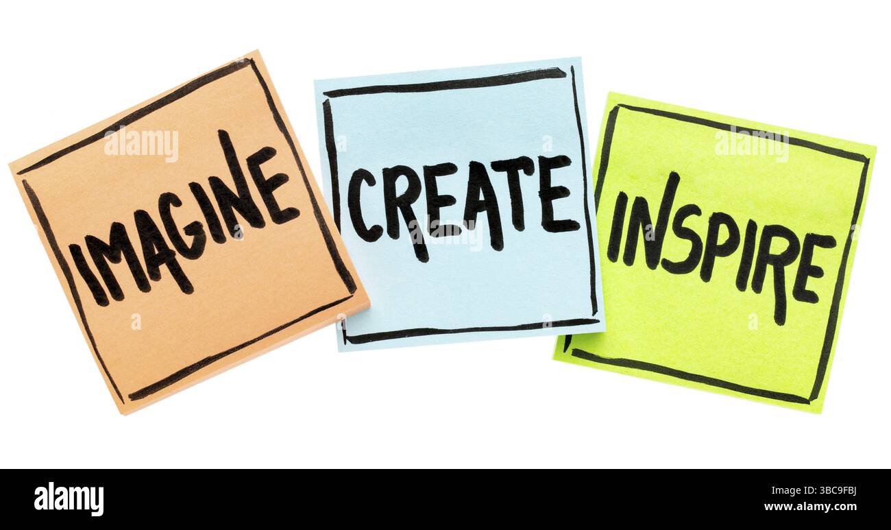 Imagine, create, inspire concept - handwriting in black ink on an ...