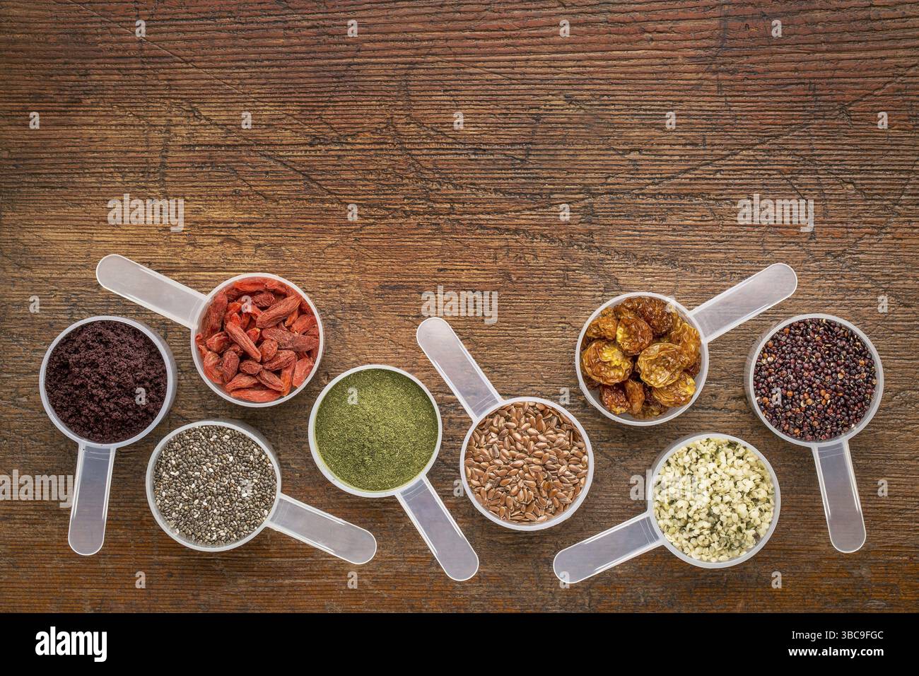 Superfood abstract (wheatgrass, acai berry, goji berry, flax seed, chia ...