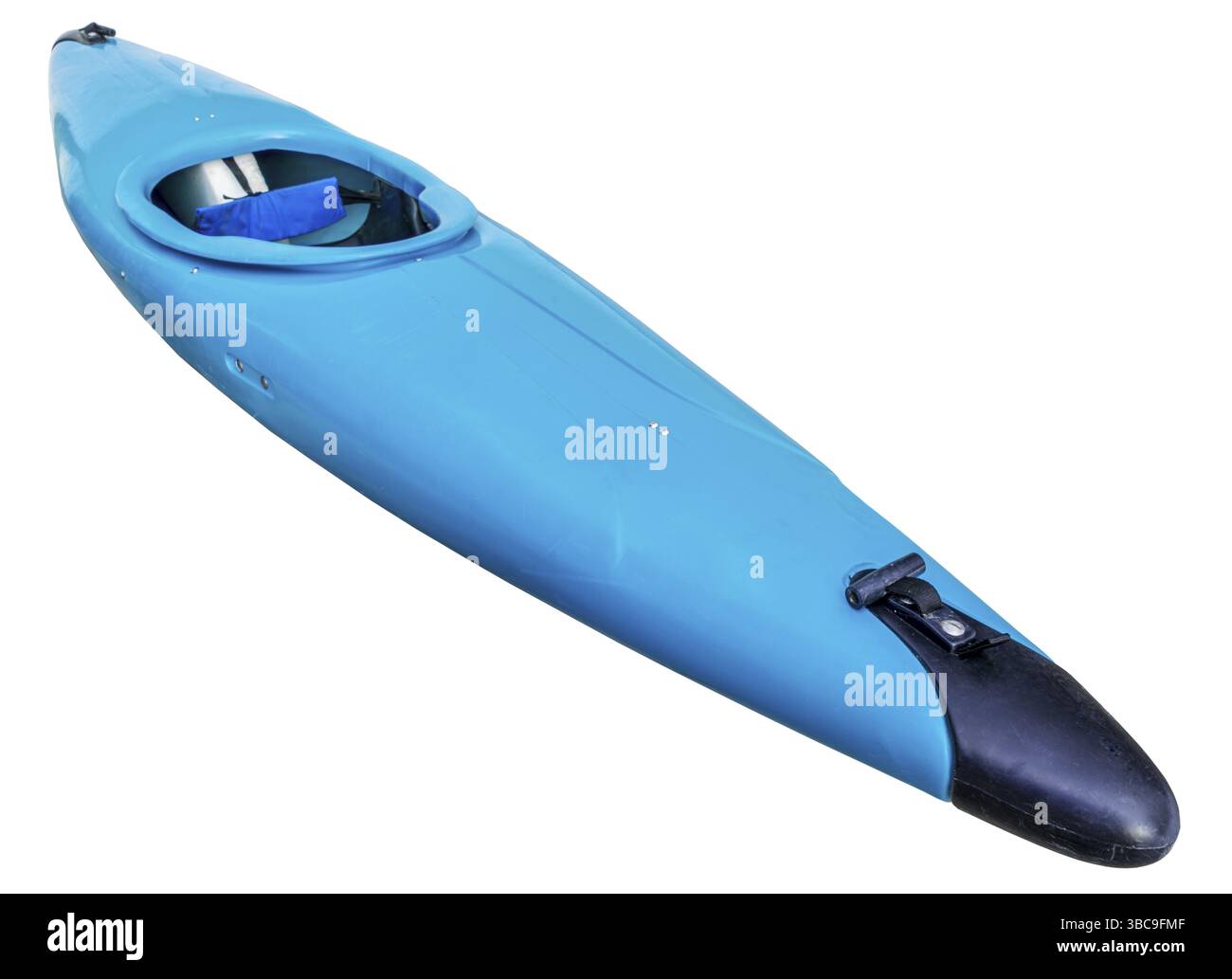 Blue plastic old whitewater kayak, isolated on white with clipping path ...