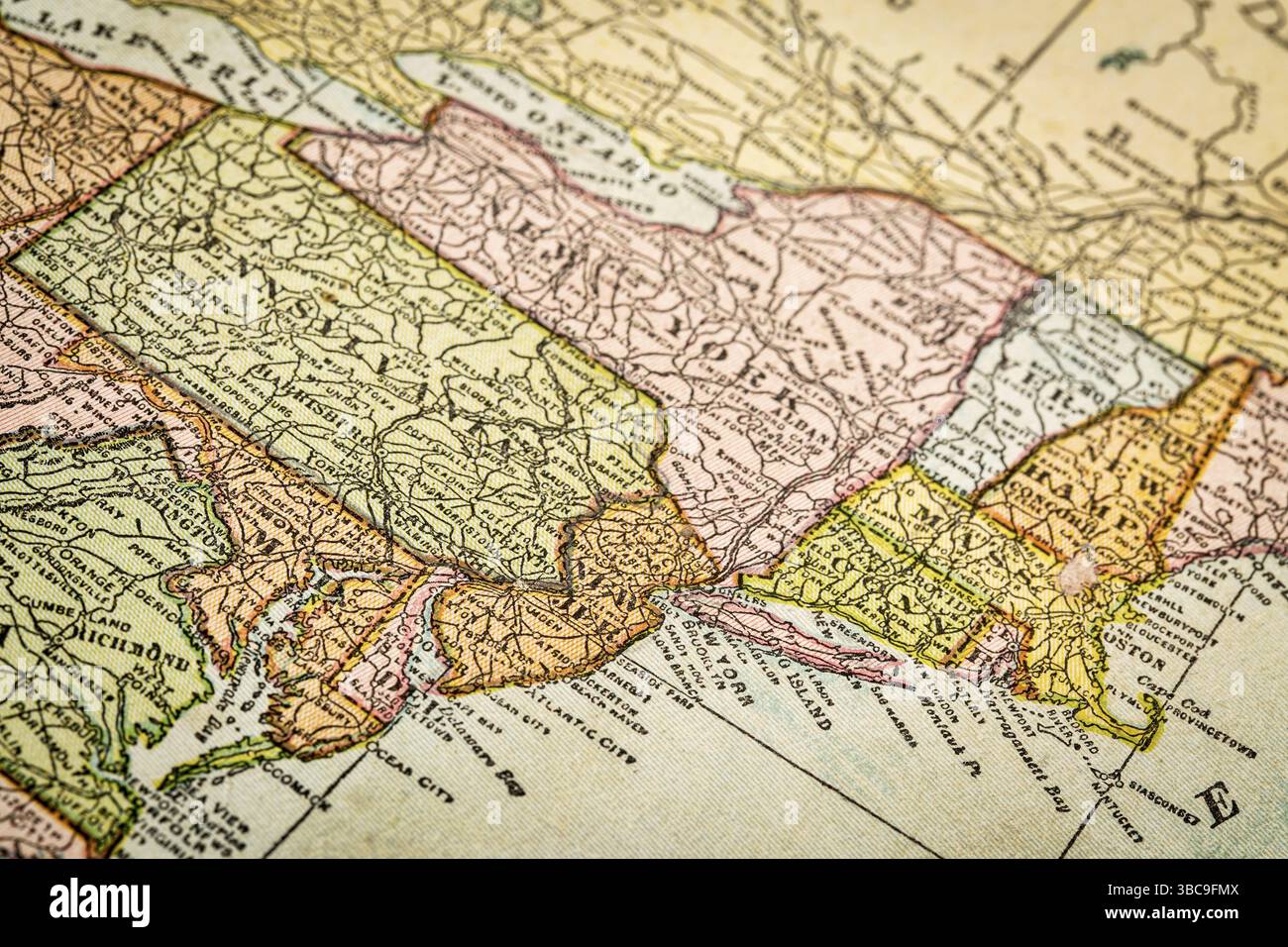 USA east coast with New York City on a vintage 1920s map, selective ...