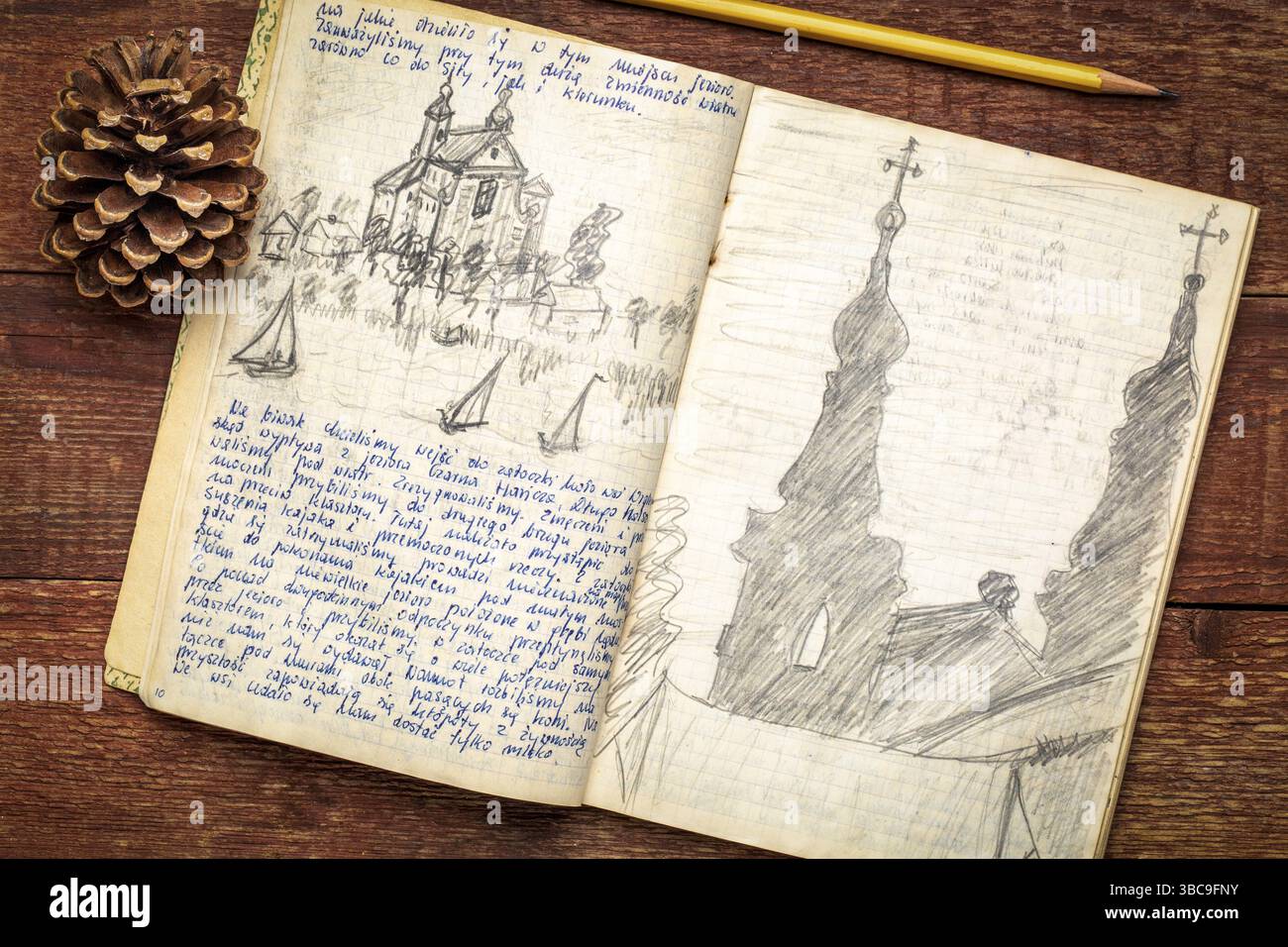 Vintage expedition journal on a rustic wood table - handwriting and ...