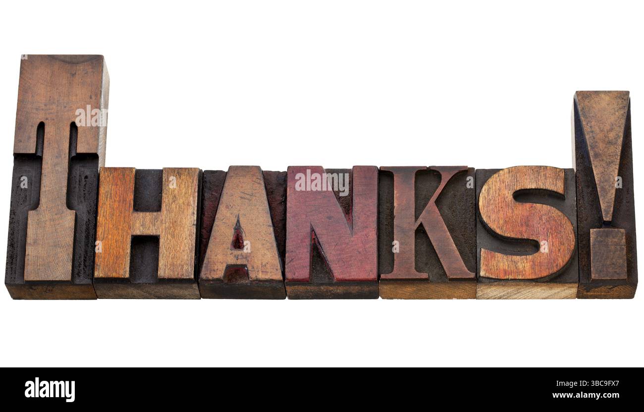 Thanks exclamation - isolated text in vintage wood letterpress printing ...
