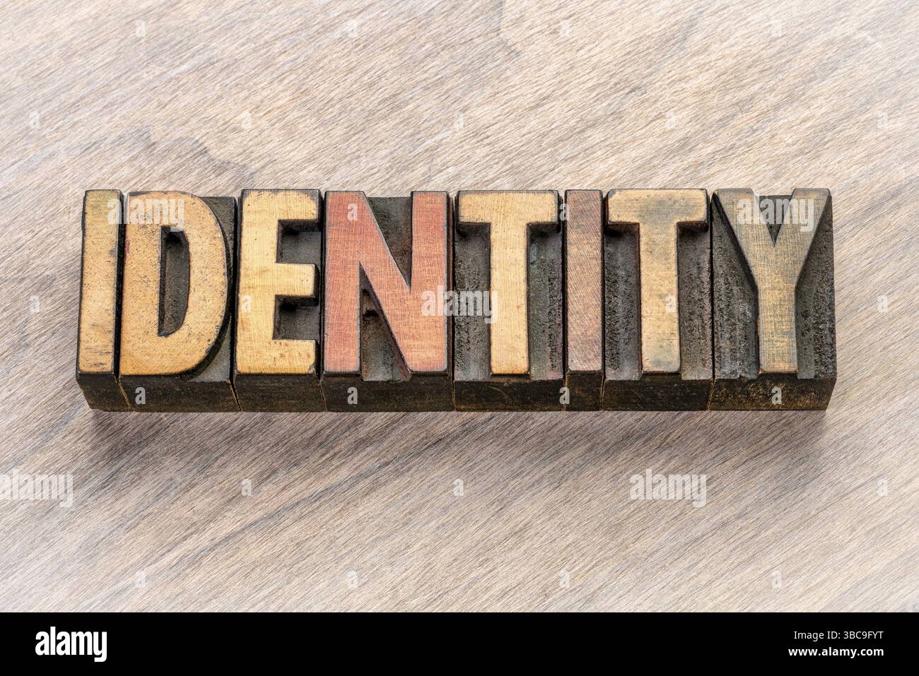 Identity word abstract in vintage letterpress wood type Stock Photo - Alamy