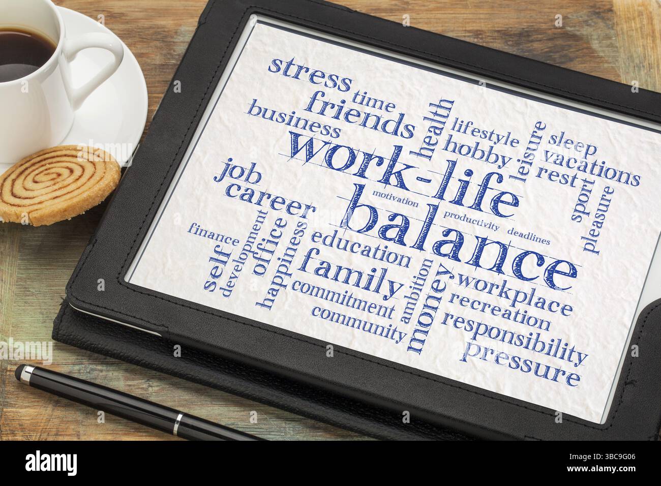Work life balance word cloud - word abstract on a digital tablet with a ...