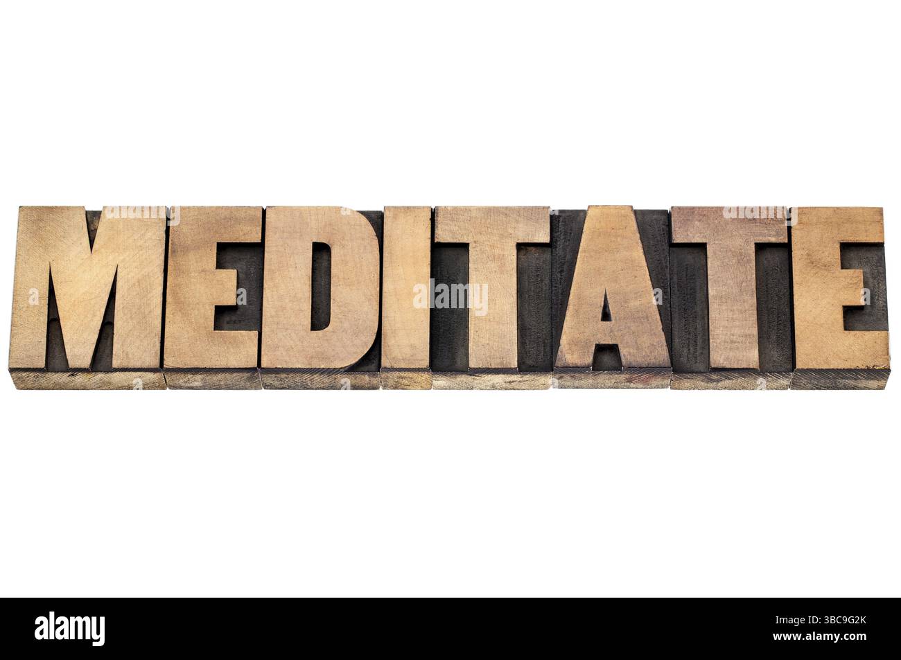 Meditate word - isolated text in letterpress wood type Stock Photo - Alamy