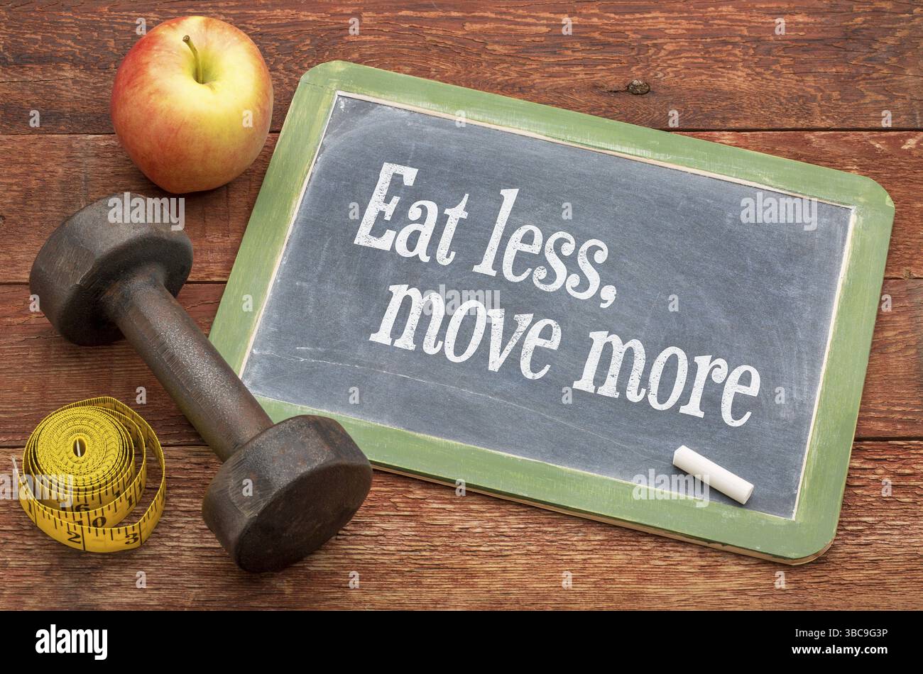 Eat less, move more fitness and healthy living concept - slate ...