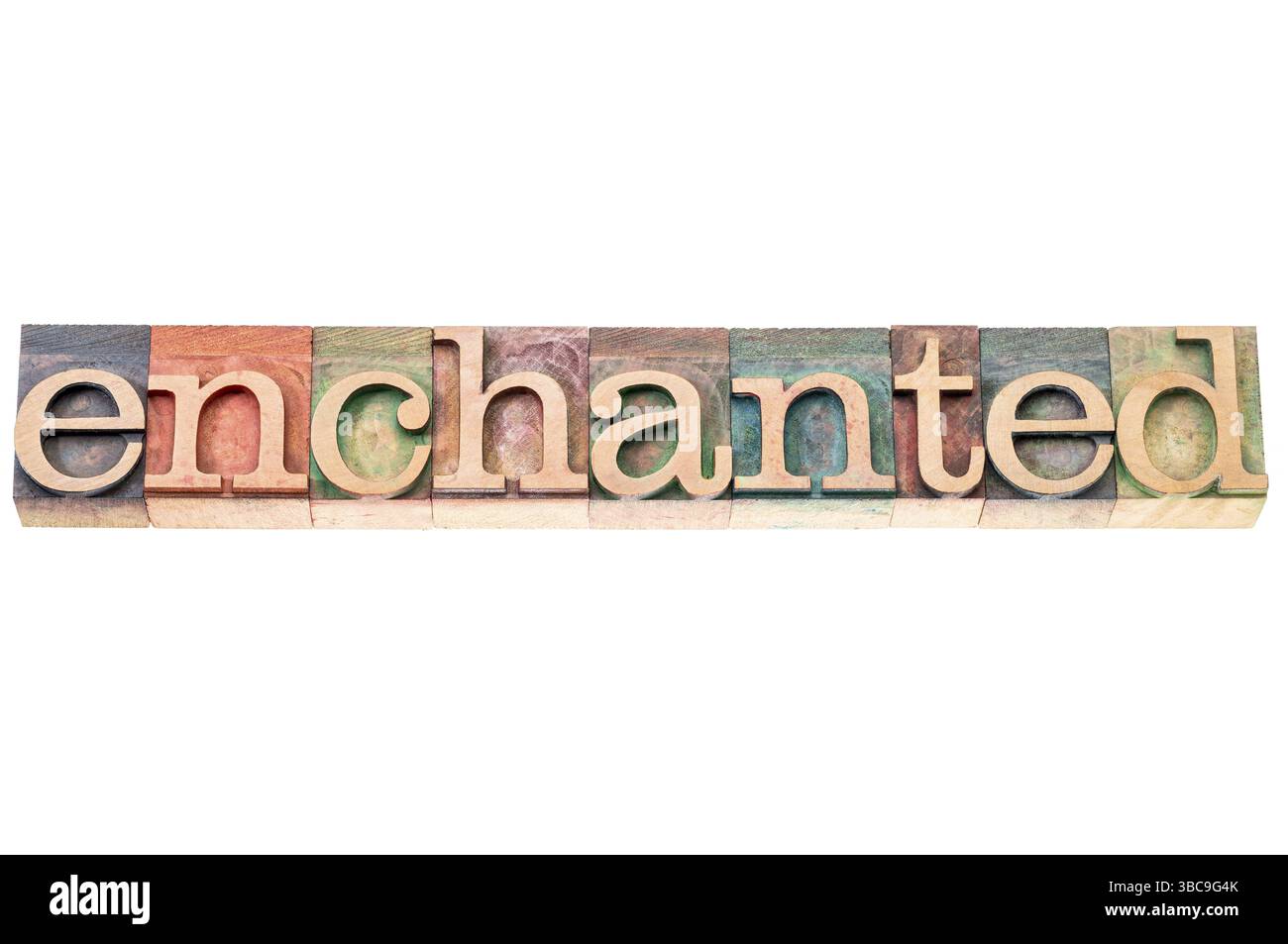 Enchanted word typography in isolated letterpress wood type blocks ...