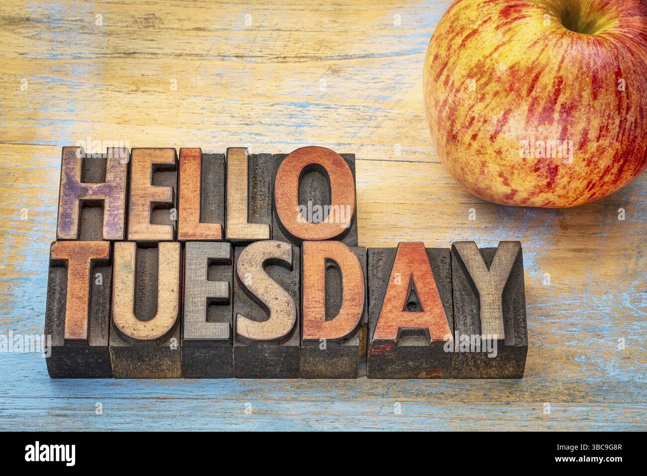 Hello Tuesday - text in vintage letterpress wood type with an apple ...