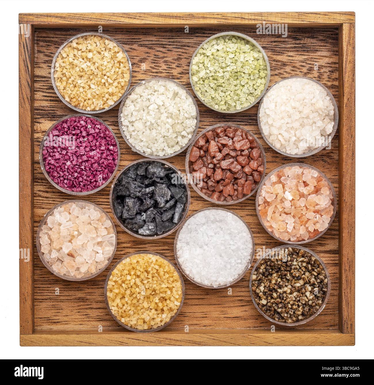 Colection of colorful sea salts from different parts of the world, top ...