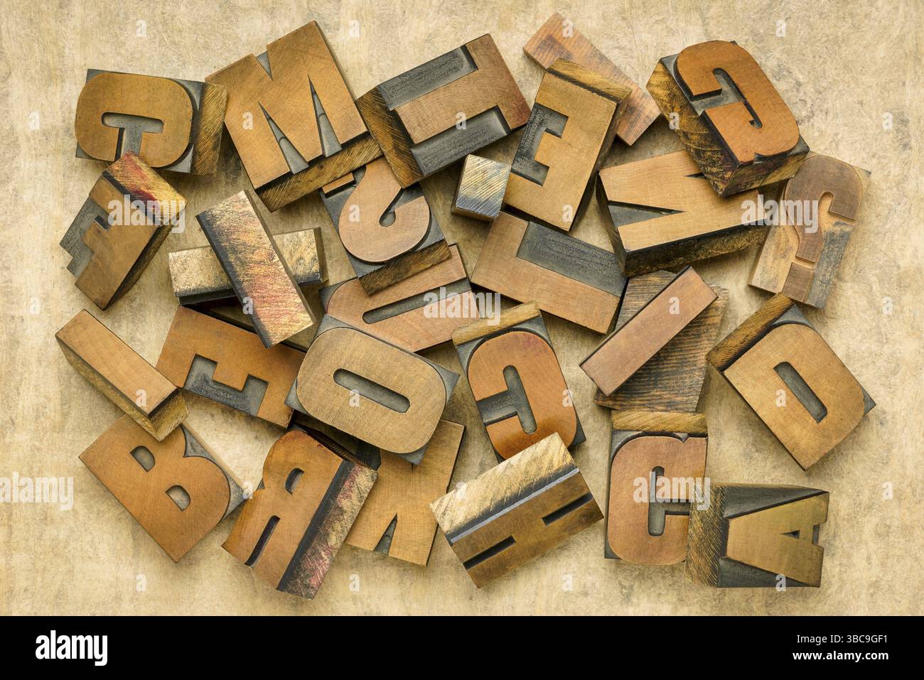 Vintage letterpress wood type printing blocks, a pile of random letters ...