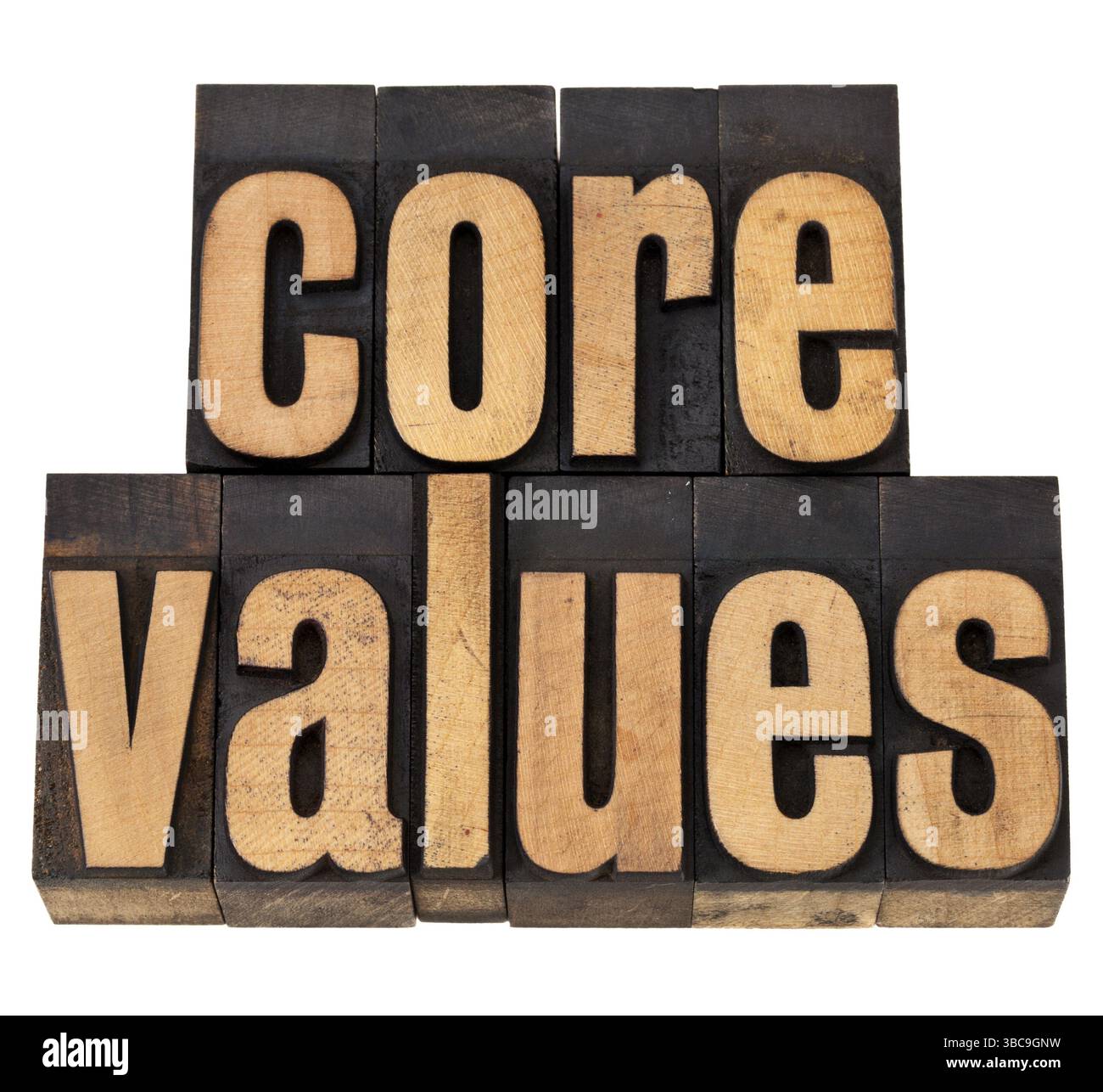 Core values - ethics concept - isolated text in vintage letterpress ...