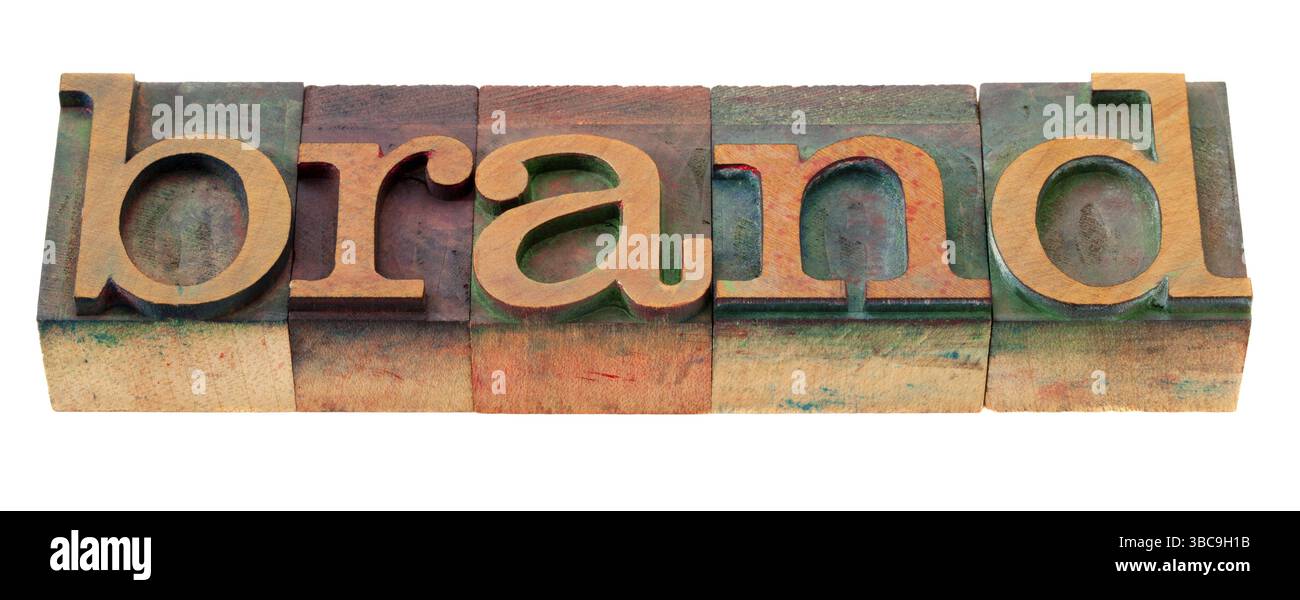 Brand word in vintage wooden letterpress printing blocks, stained by ...