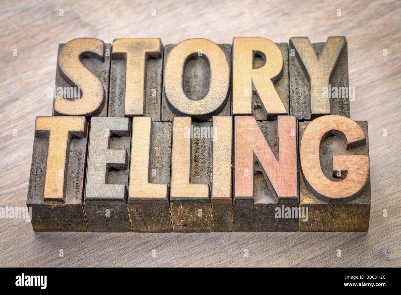 Storytelling word abstract in vintage letterpress wood type printing ...