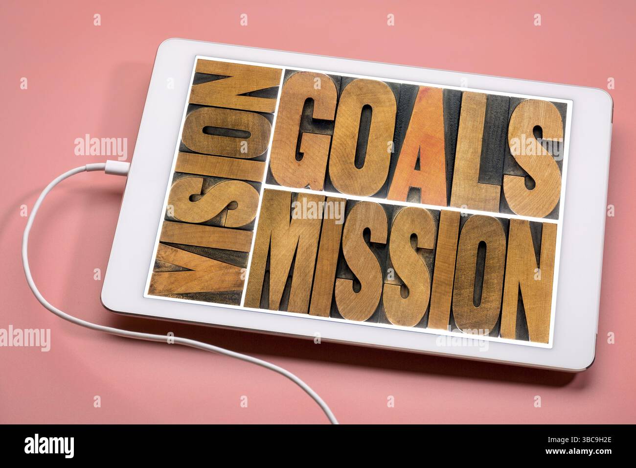 Vision, goals, mission concept - word abstract in vintage letterpress ...