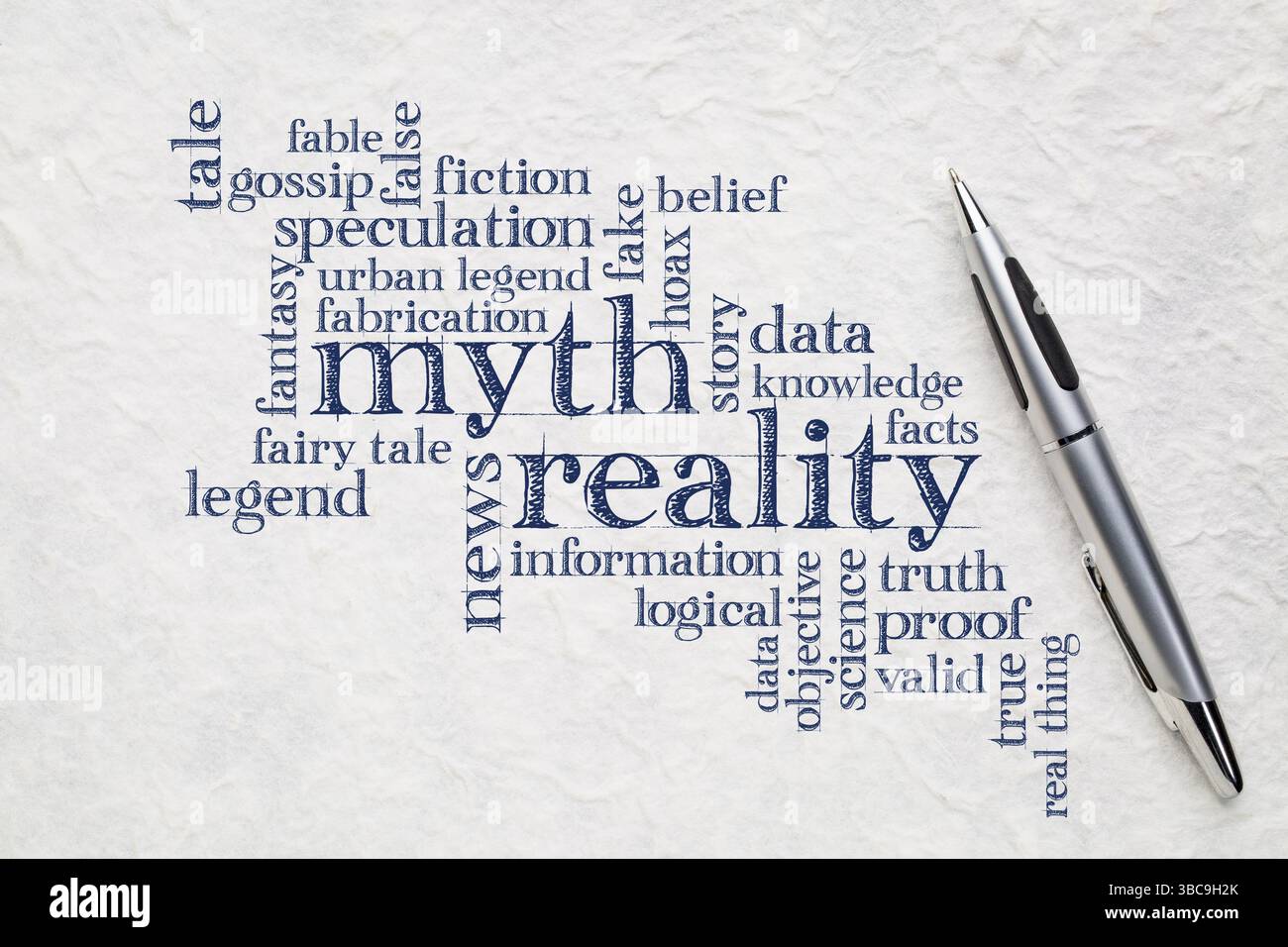 Myth versus reality word cloud - handwriting on a lokta paper with a ...
