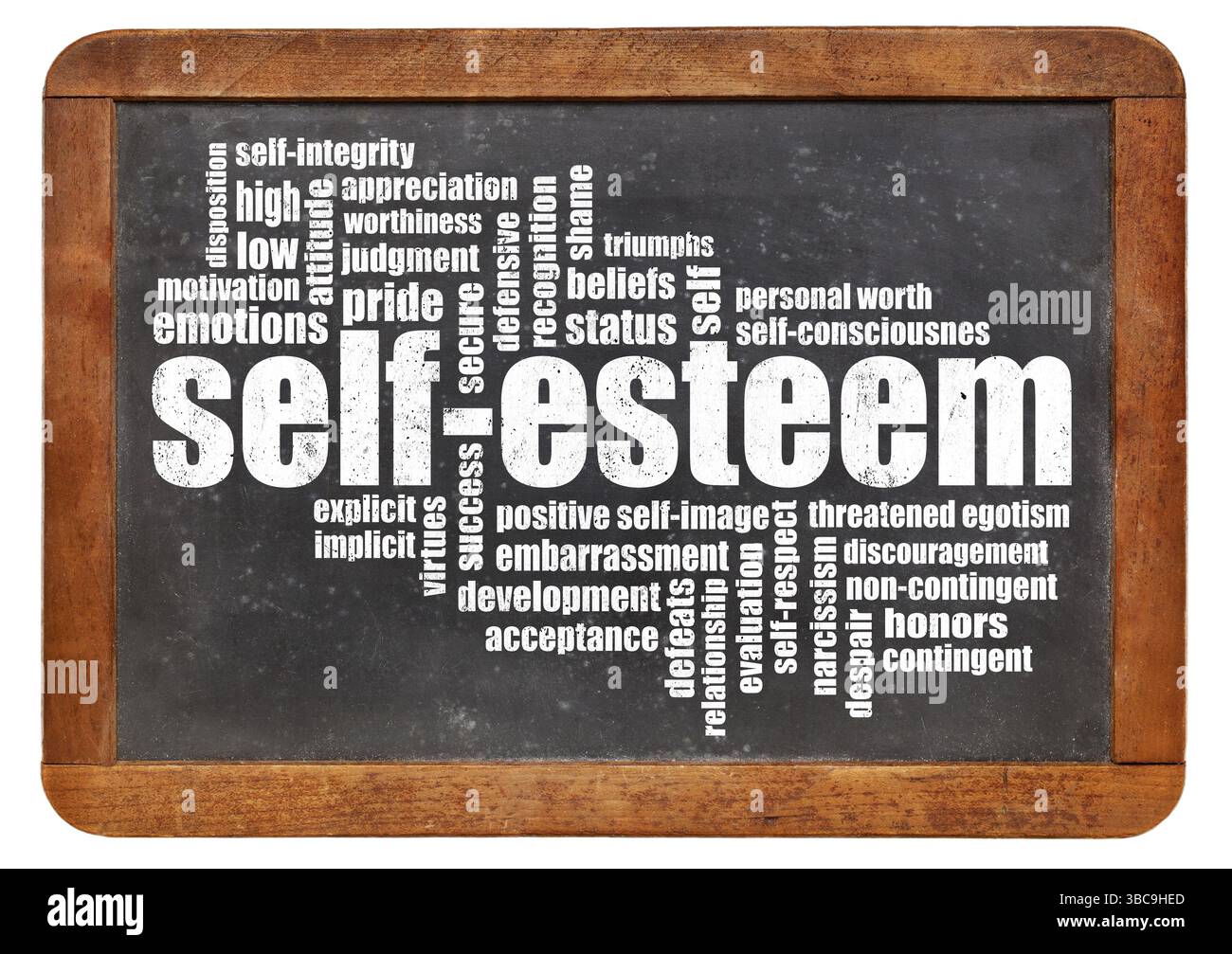 Self-esteem word cloud on isolated vintage blackboard Stock Photo - Alamy