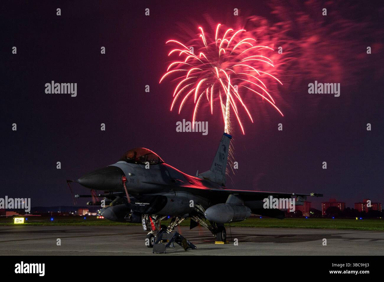 A U.S. Air Force F-16 Fighting Falcon assigned to the 35th Fighter Squadron sits on the flight ...
