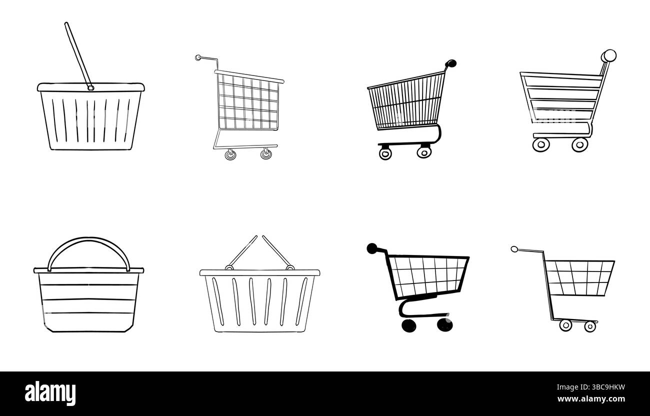 Shopping cart empty trolley doodle, supermarket basket, bag, net ...