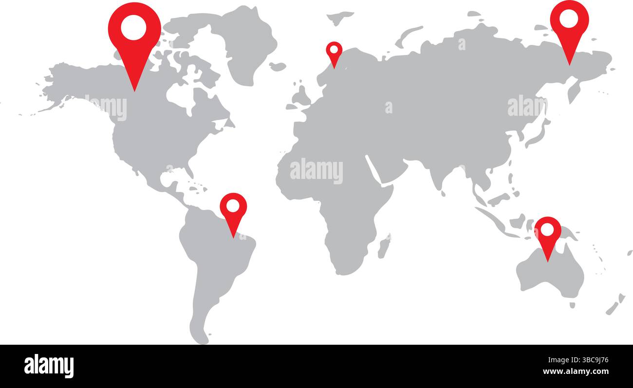 World Map Vector Illustration – Grey Global Map with Location Icons for ...