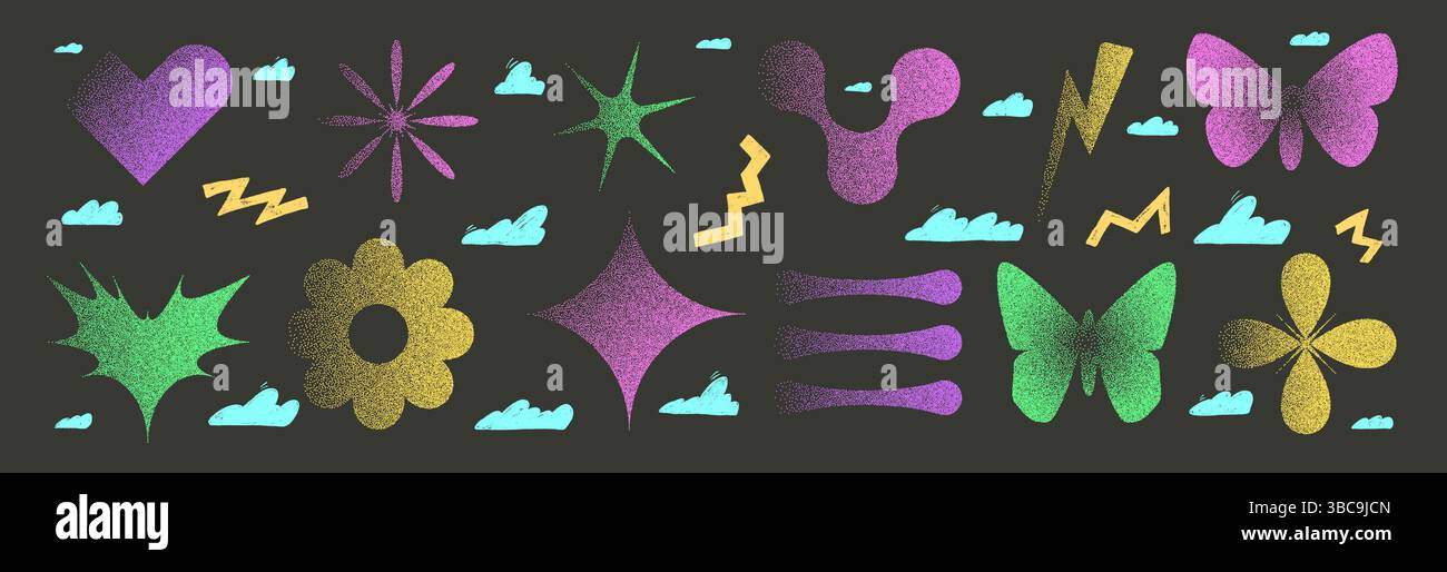 Vibrant geometric figures with grain noise gradient. Y2k retro ...