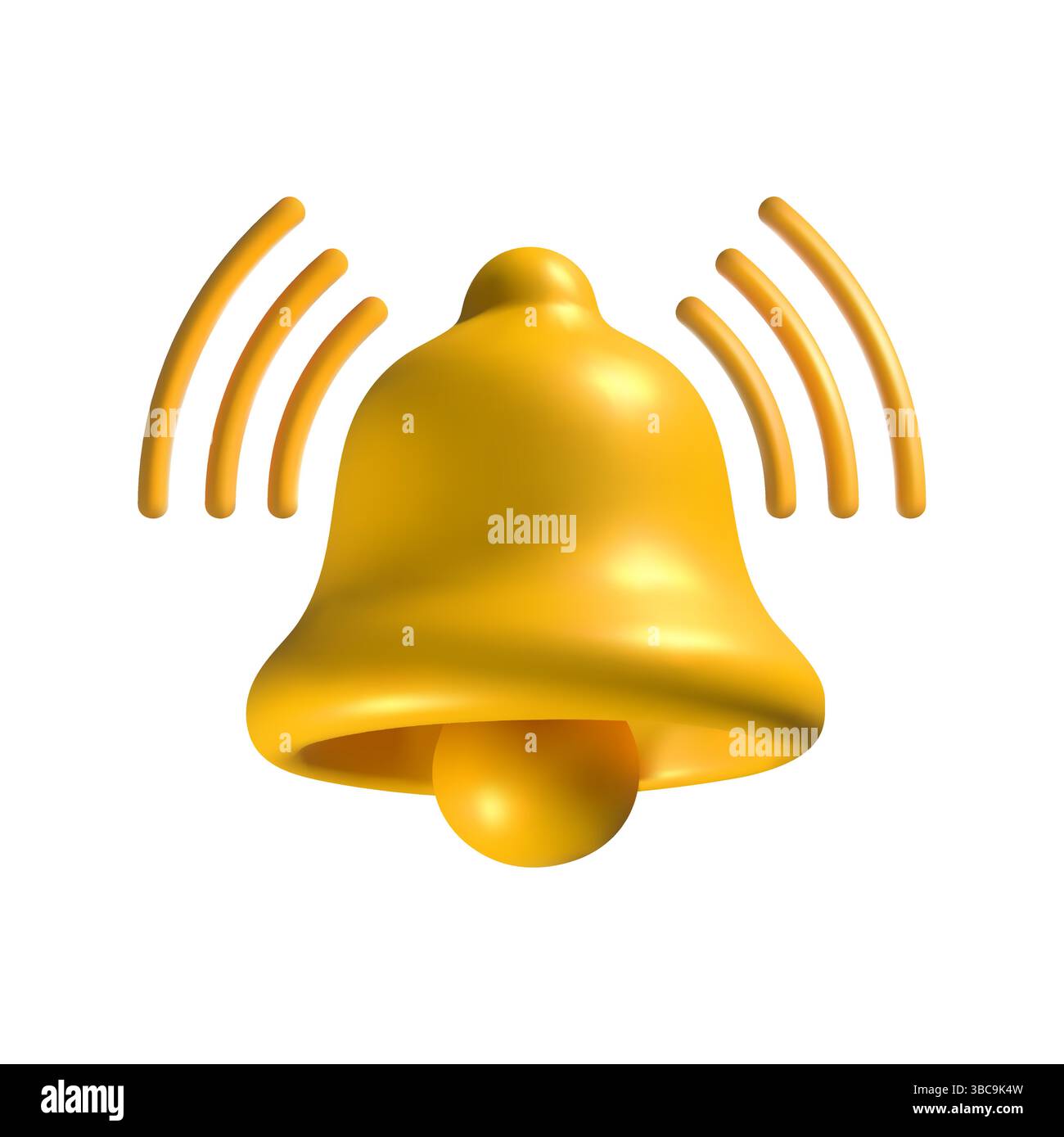 3D yellow ringing bell icon with sound waves, isolated on a white ...