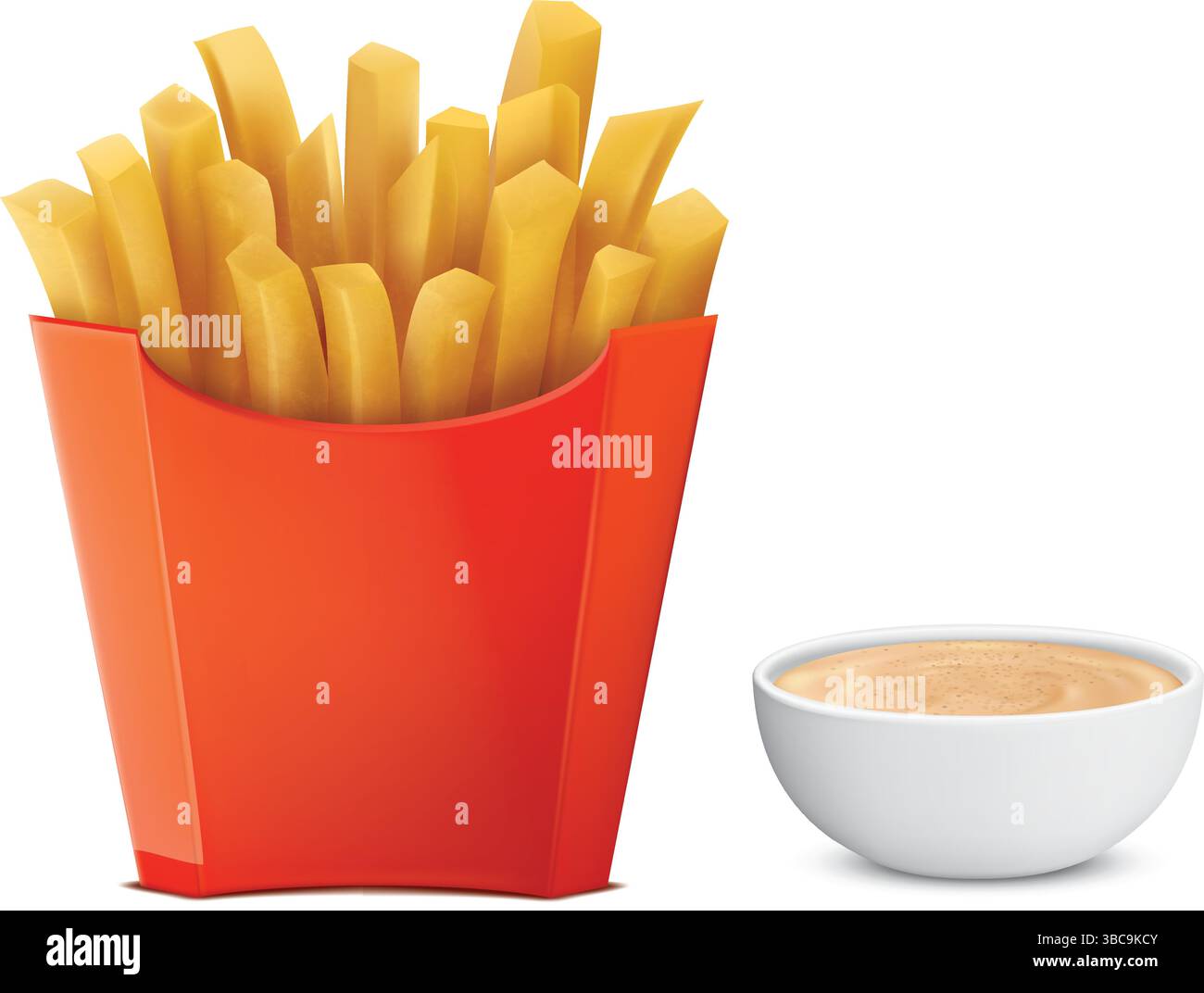 Delicious French Fries in Red Paper Container with Dipping Sauce ...
