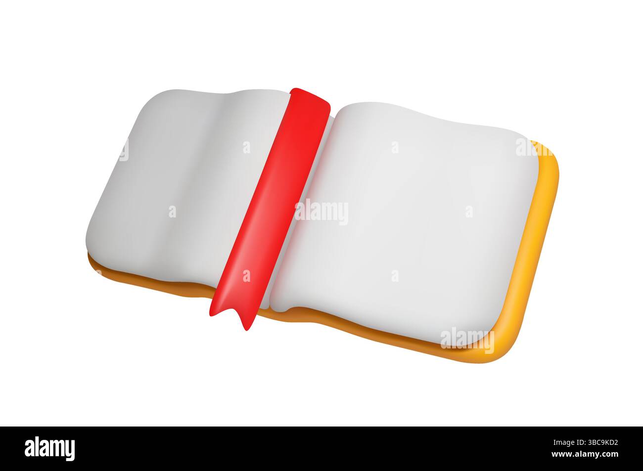 3D open book with white pages and a red bookmark on a white background ...