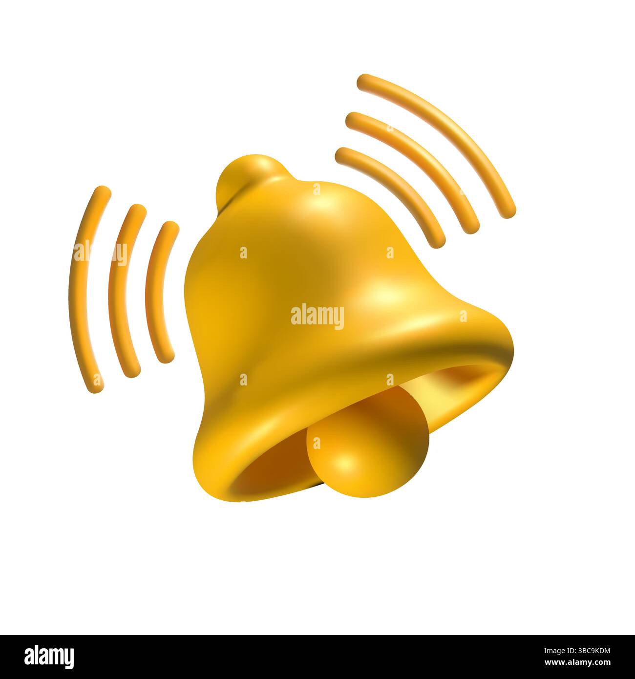 3D yellow ringing bell icon with sound waves, isolated on a white ...