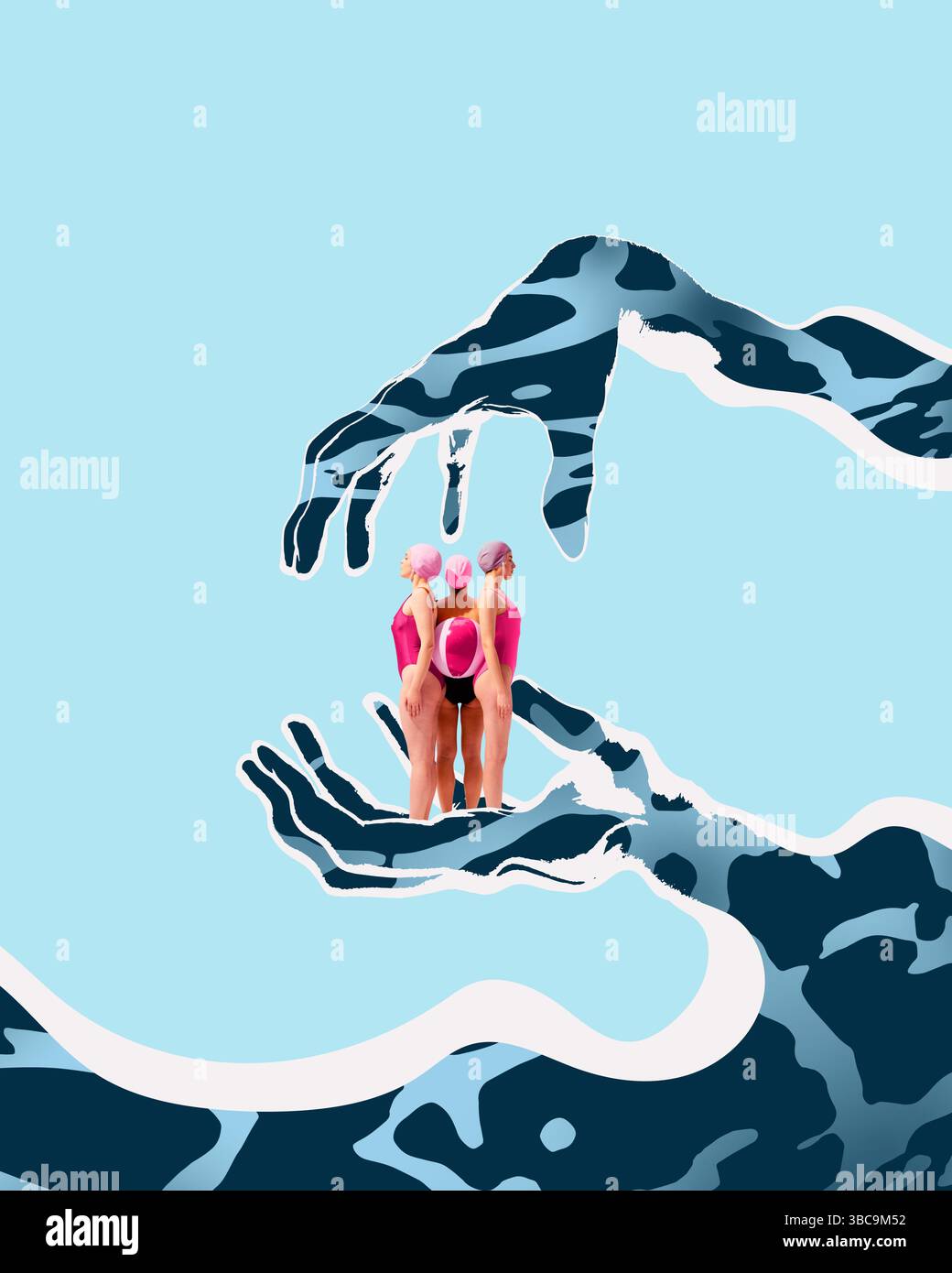 Three women in pink and black swimsuits and swim caps standing between two waves shaped like ...