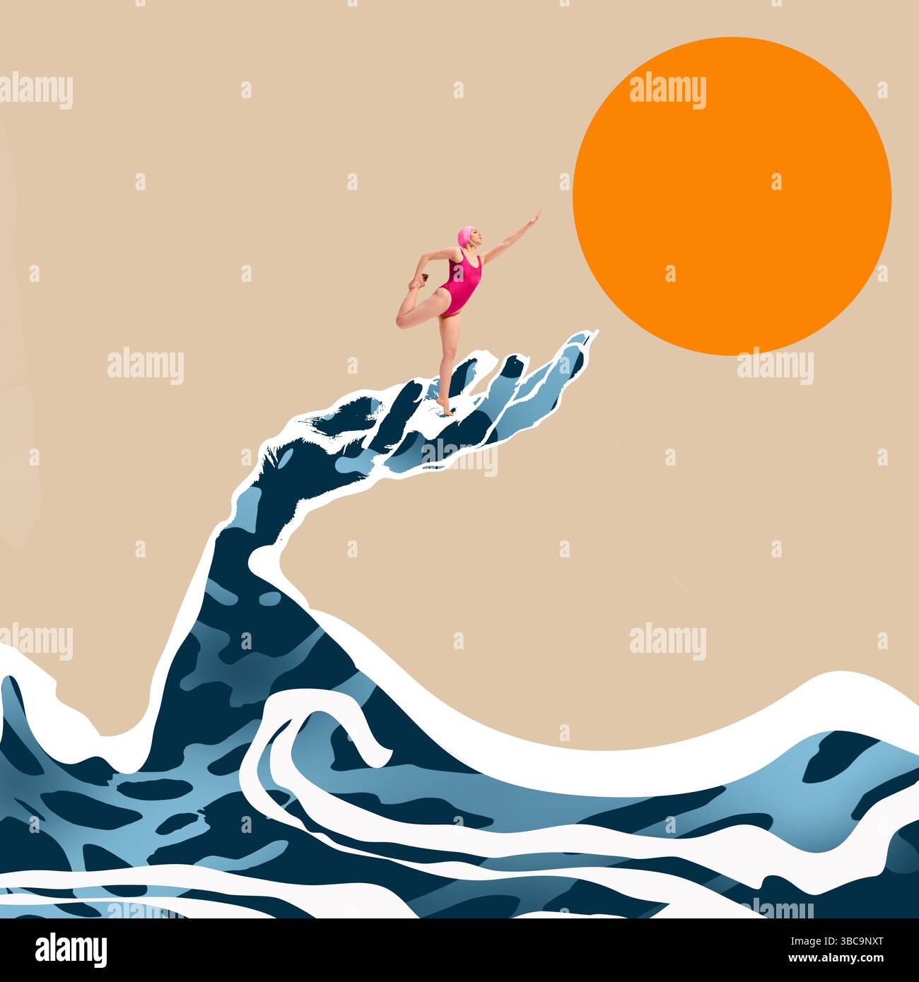 Woman in pink swimsuit and swim cap standing in dynamic pose on wave ...