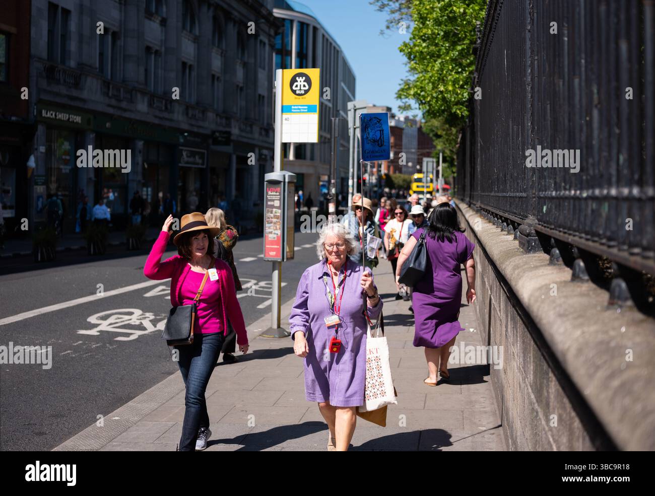 A tour guide leading a group of people through Dublin city in Ireland ...