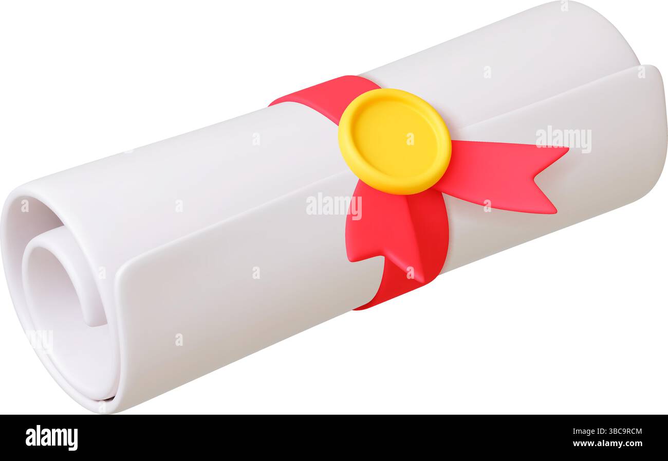 Graduation degree 3d icon. Paper roll with red ribbon and seal ...