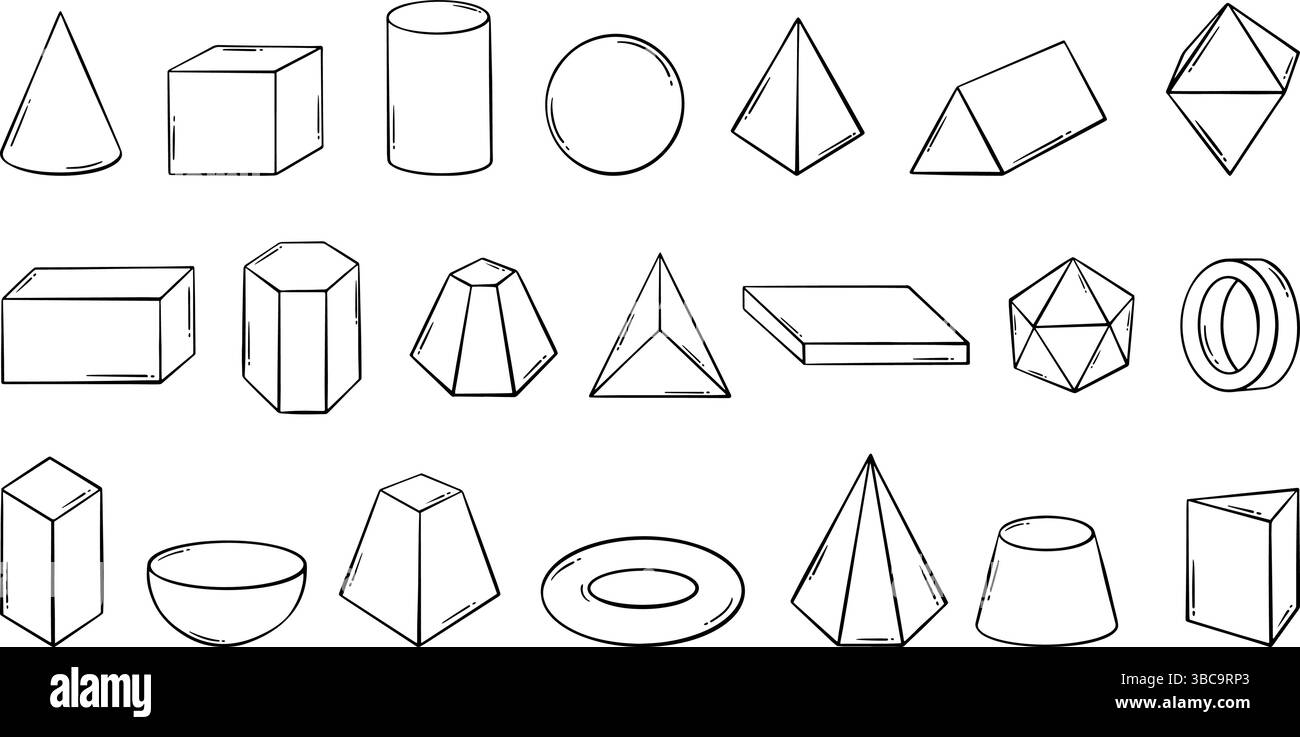 Hand drawn 3d geometric shapes. Different geometry elements for lesson ...
