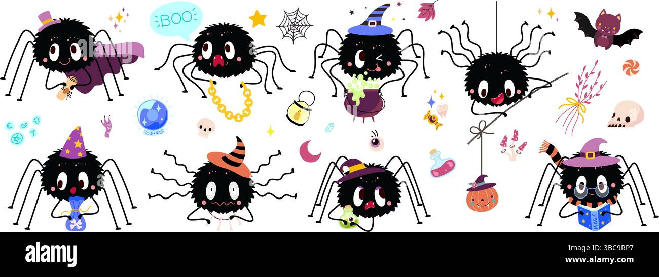 Halloween spiders. Funny spider in different poses. Autumn festive ...