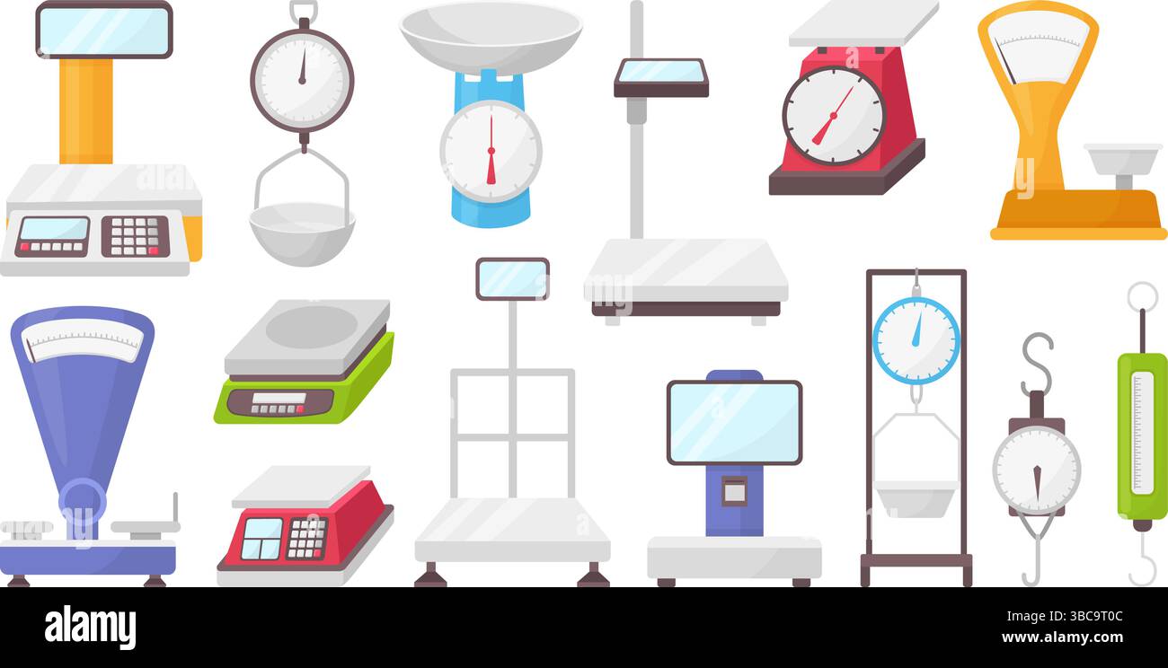 Cartoon various scales. Isolated retail scale, mechanical and ...
