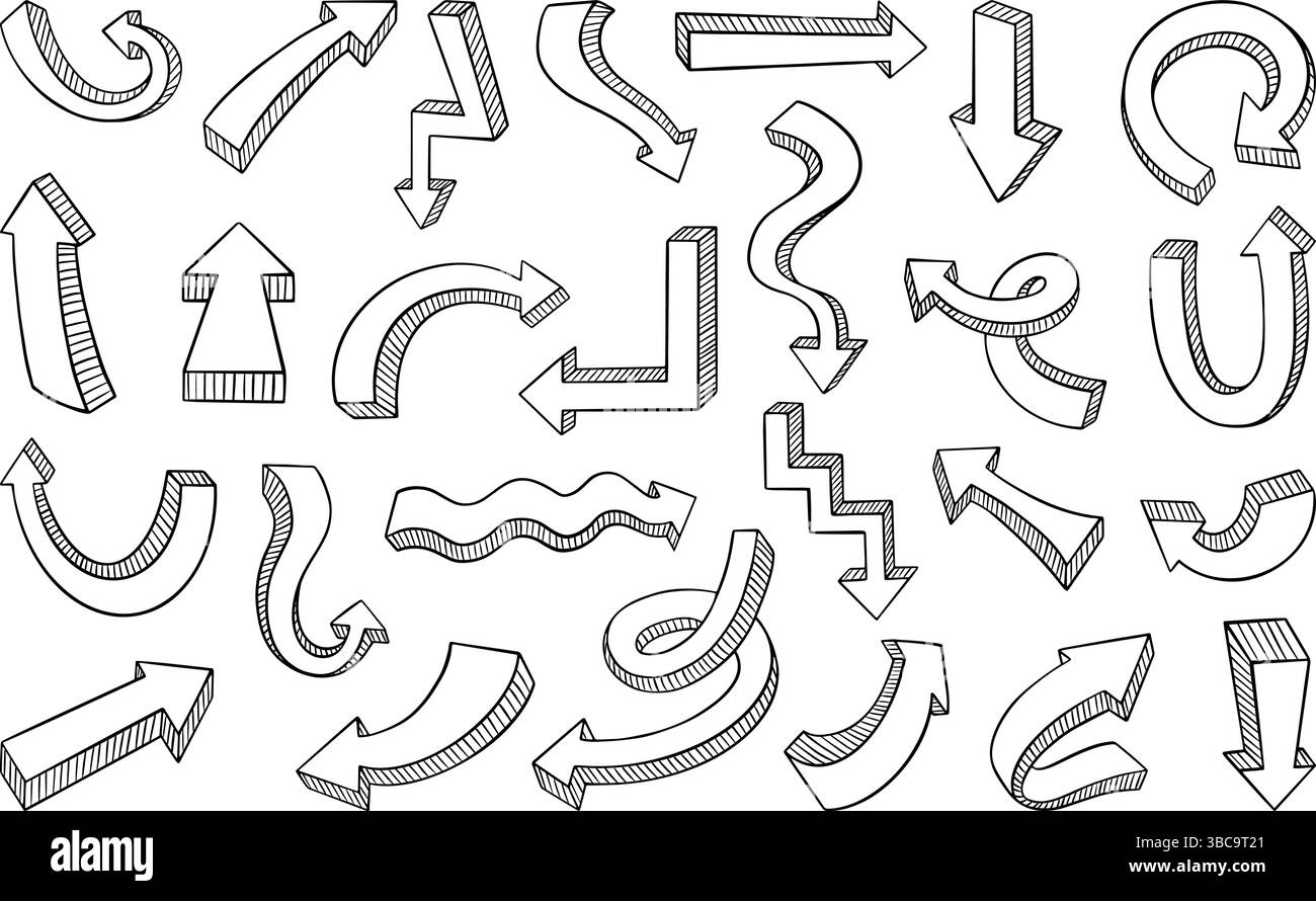 Hand drawn 3d arrows. Doodle arrow, direction way symbols. Education ...