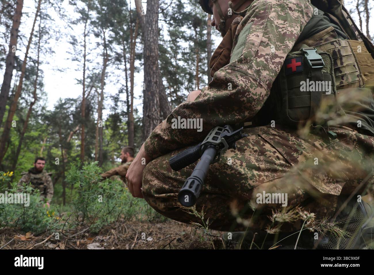 An armed soldier squats as separate infantry units of the 13th Khartiia ...