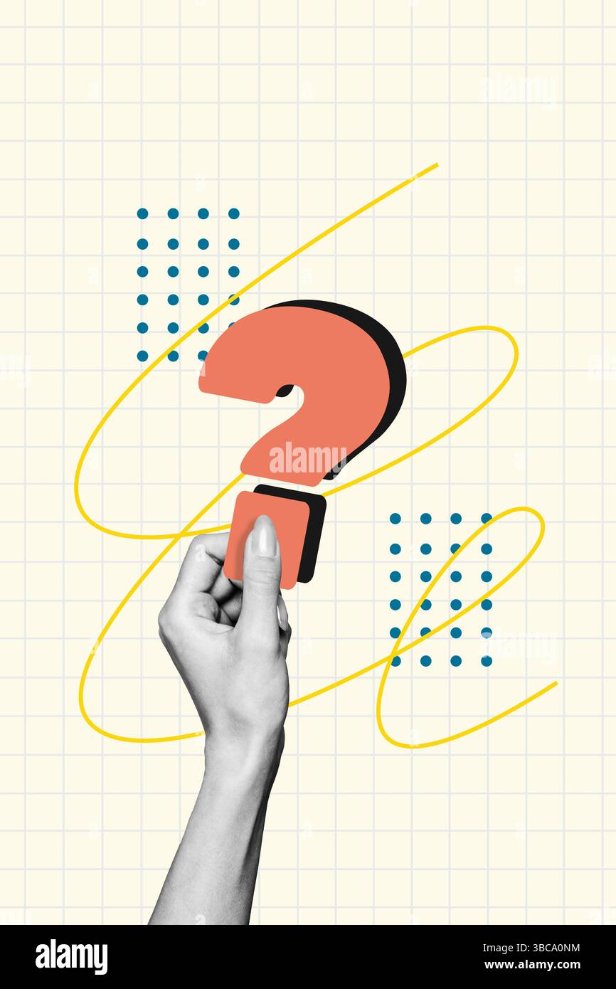 Vertical image trend pop zine photo collage of hand hold question mark ...