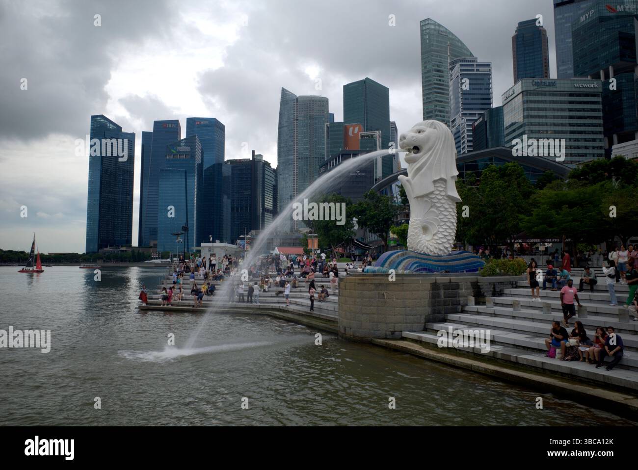 Singapore - 29 November 2024: Merlion Park, a famous Singapore landmark ...